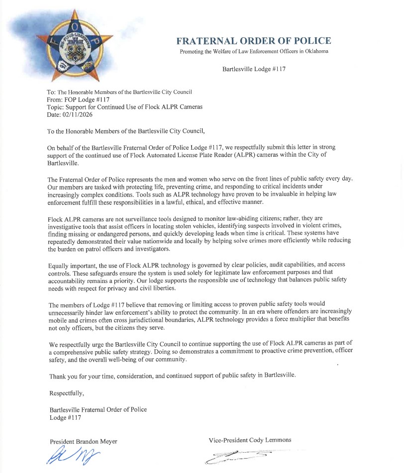 Bartlesville Radio » News » Bartlesville Police Union Writes Letter in ...